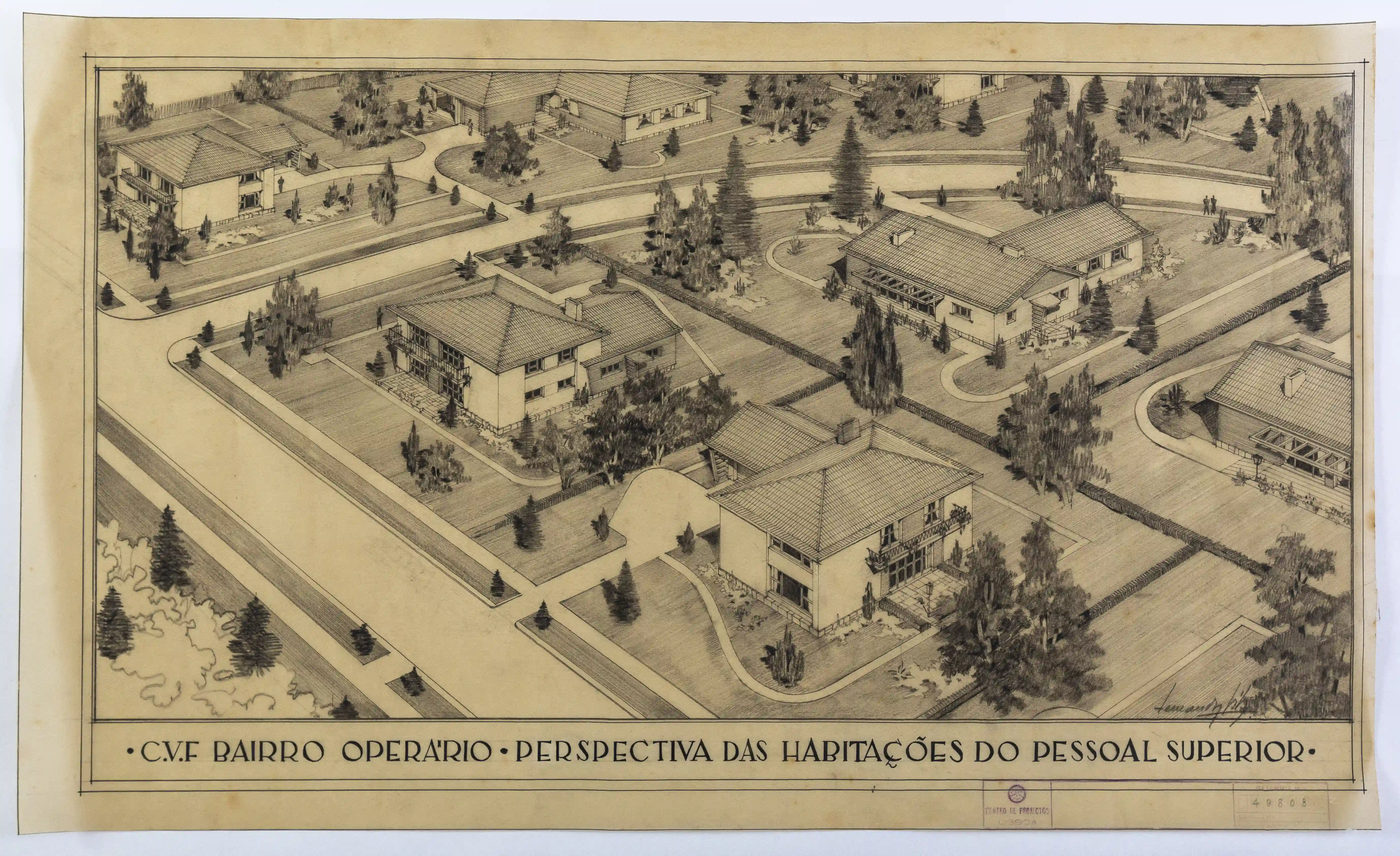 Planta do Bairro Operário / Perspetiva das Habitações para o Pessoal ...